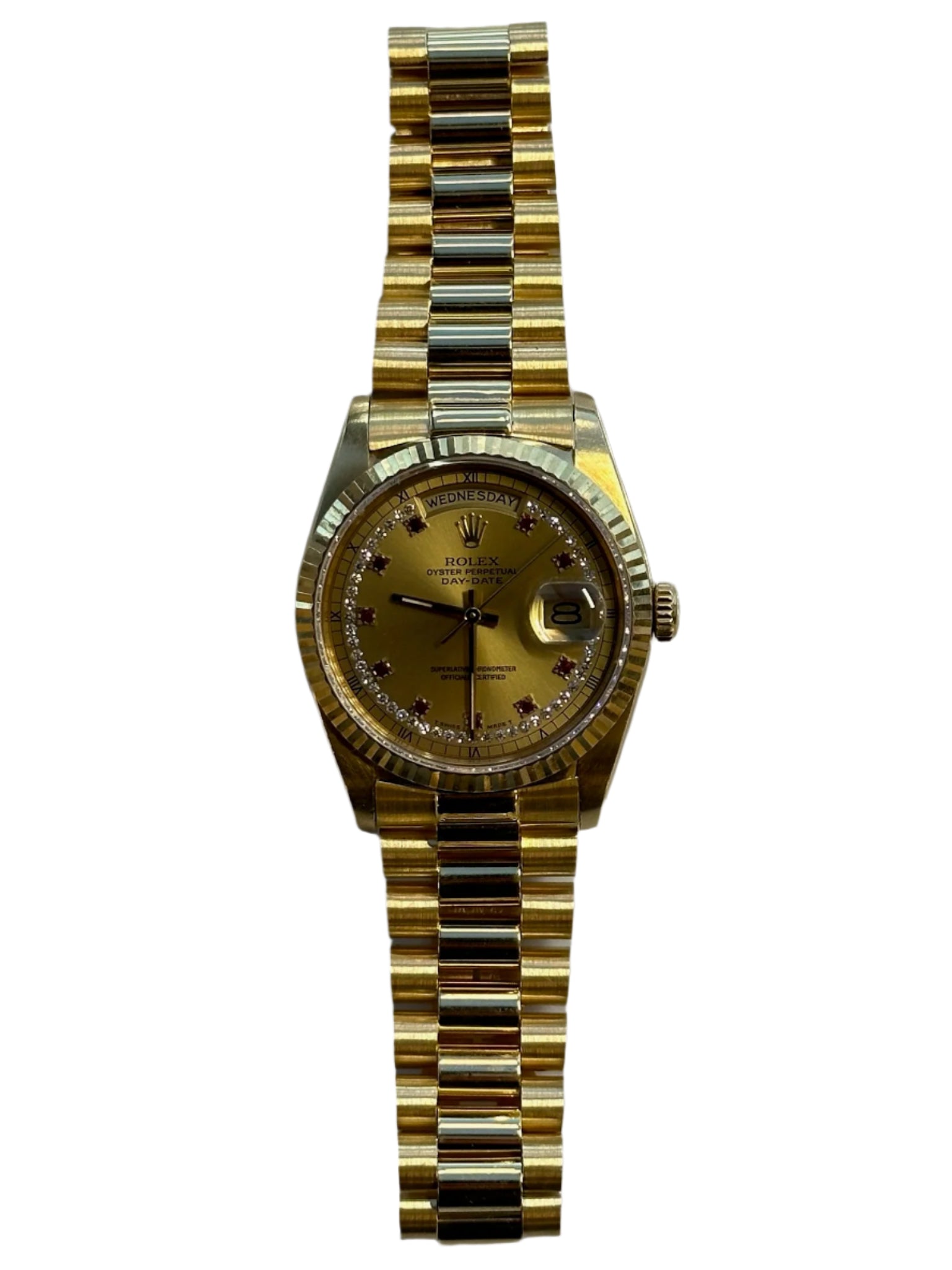 Rolex - Pre-owned Yellow Gold Day-Date Double Quick Set 36mm Ruby & Di – David and Sons Timepieces
